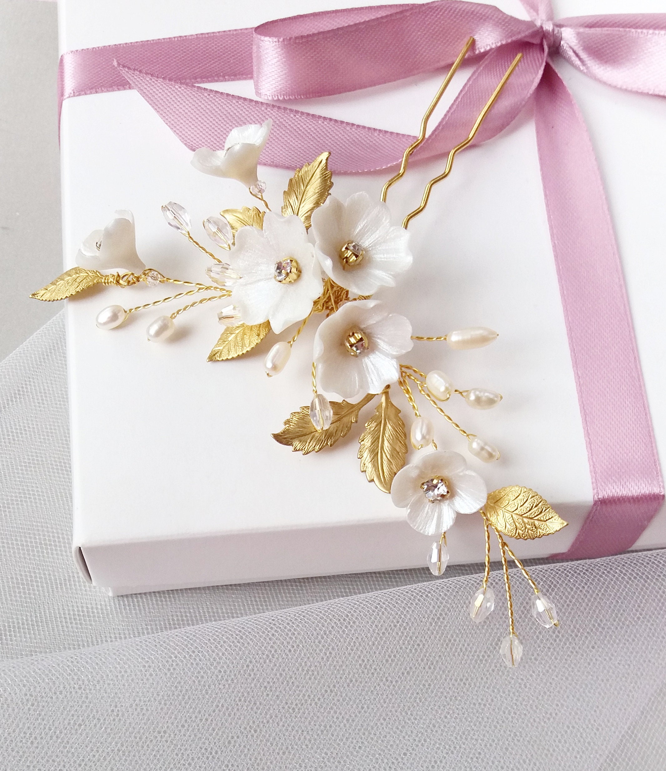 Wedding hair pin with gold leaf white flowers and crystals | Etsy