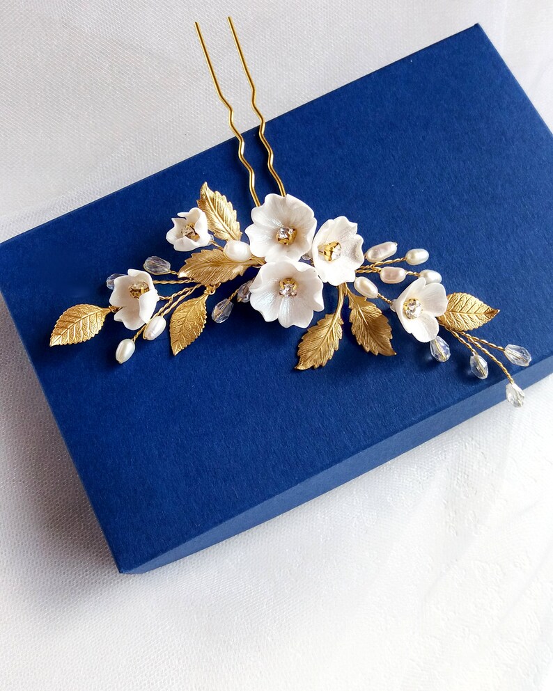 Wedding hair pin with gold leaf white flowers and crystals | Etsy