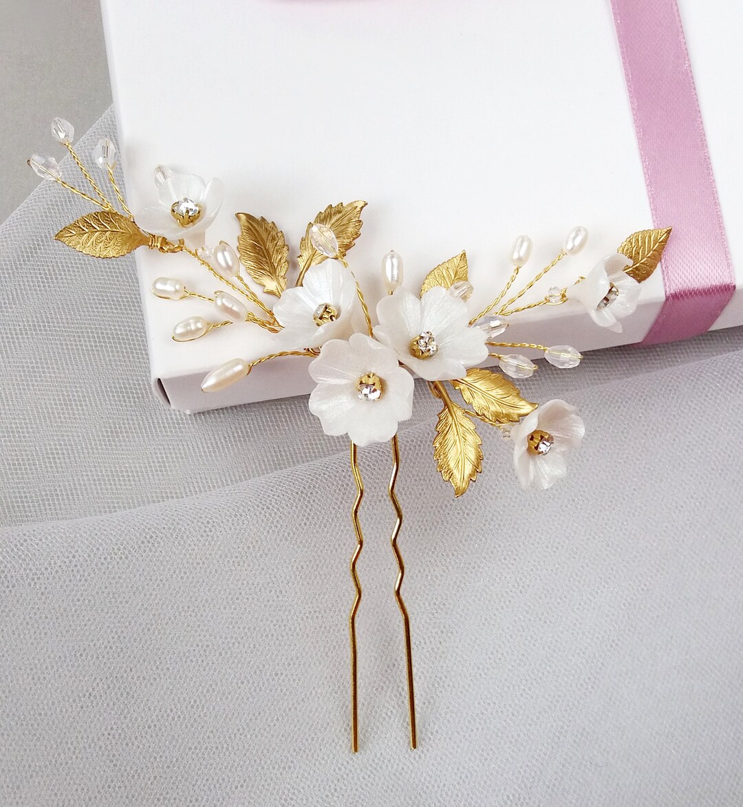 Wedding Hair Pin With Gold Leaf White Flowers and Crystals - Etsy