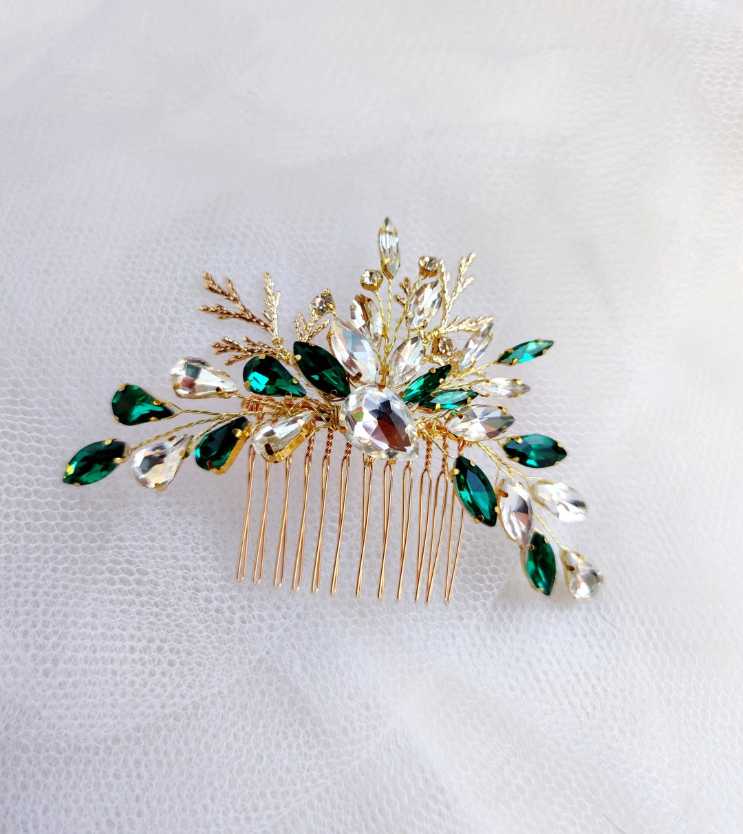 Emerald Green and Gold Hair Comb Bridal Comb With Emerald - Etsy