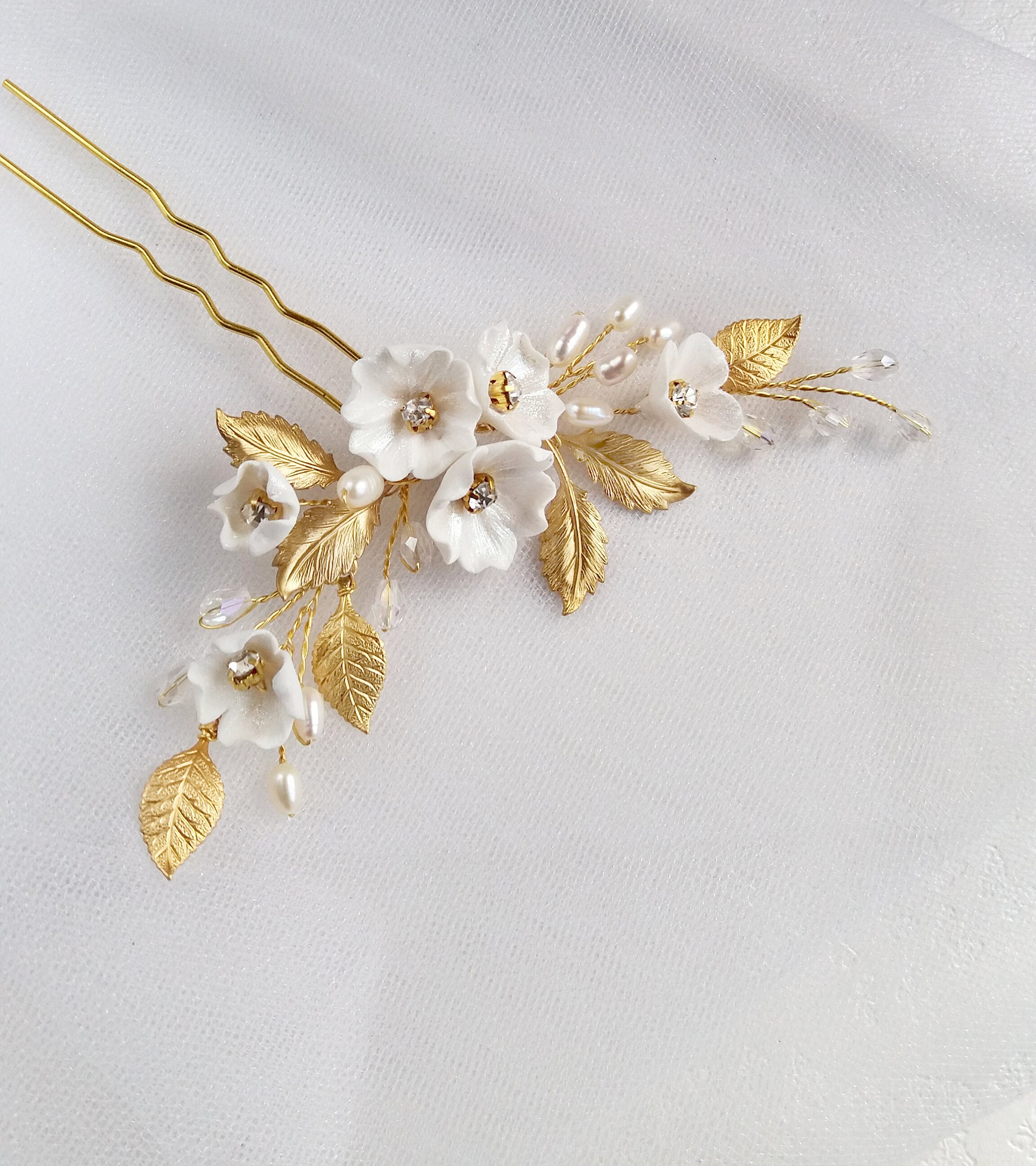 Wedding hair pin with gold leaf white flowers and crystals | Etsy