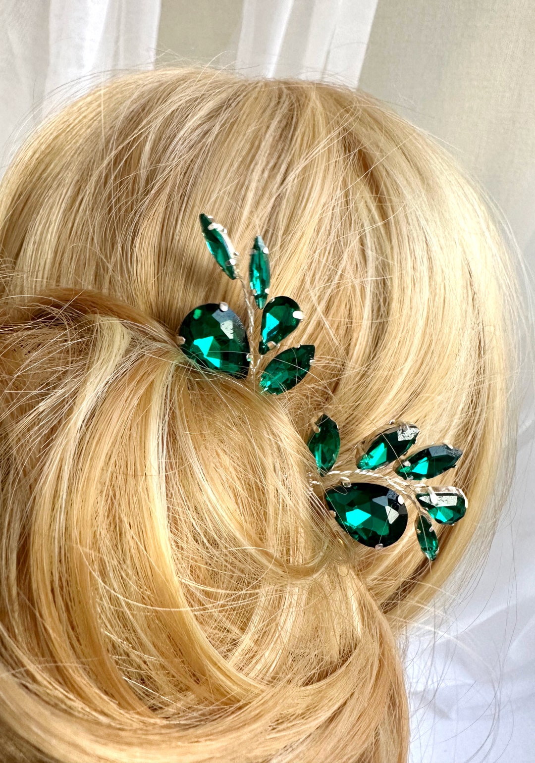 Emerald Green Hair Pin, Set of 2 Gold Bridal Hair Piece Crystal ...