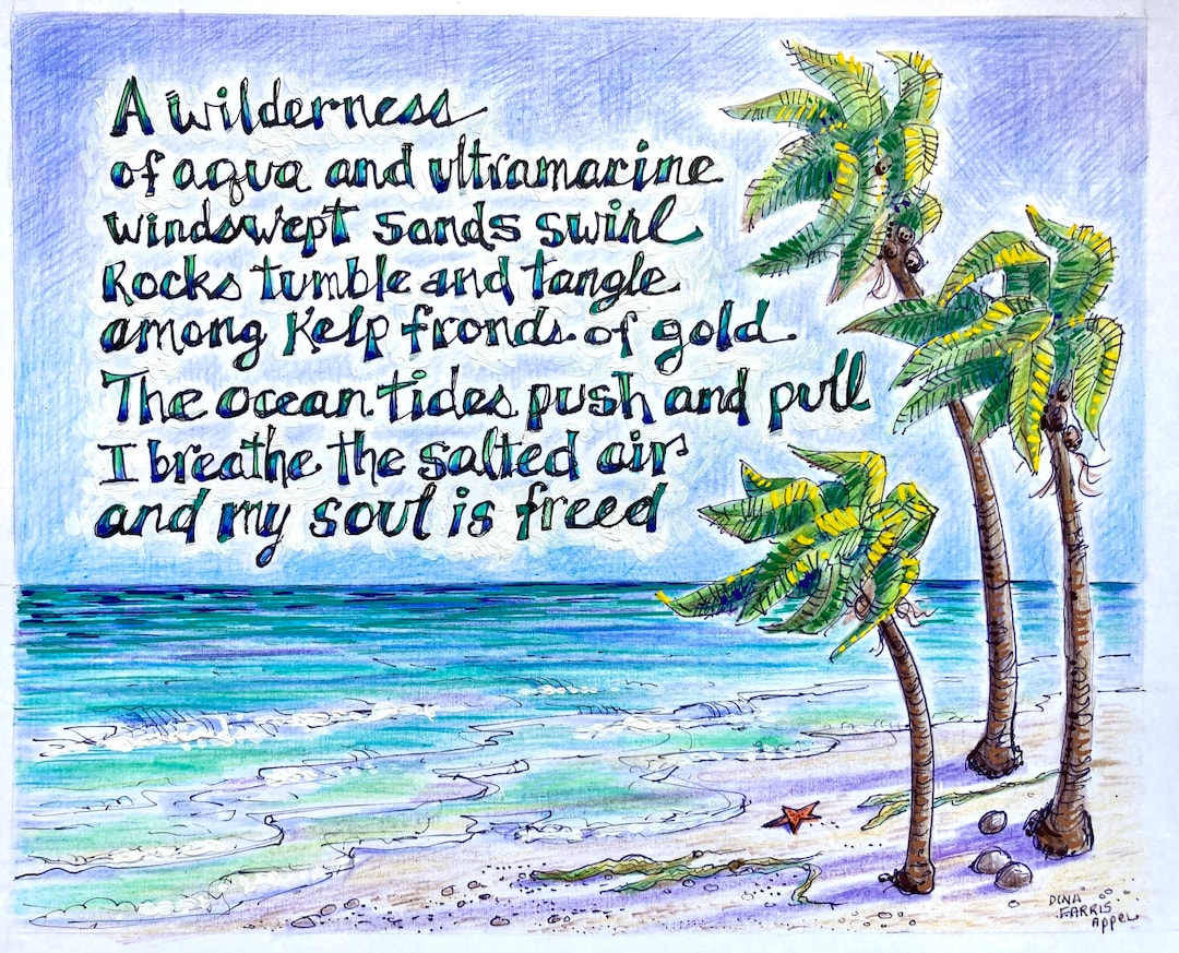 Tropical Beach Painting, Beach Illustration With Poem // Original ...