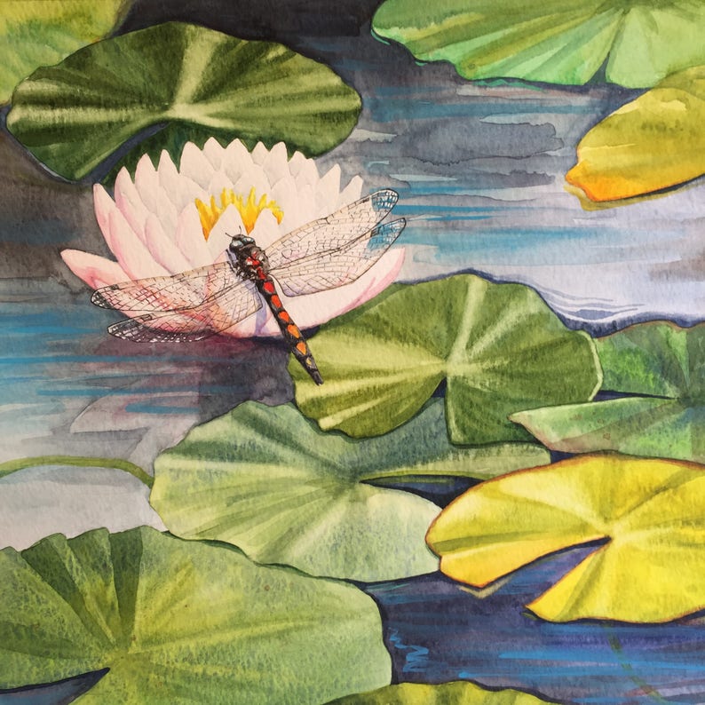 Lily Pond and Dragonfly Watercolor Painting Zen Art - Etsy