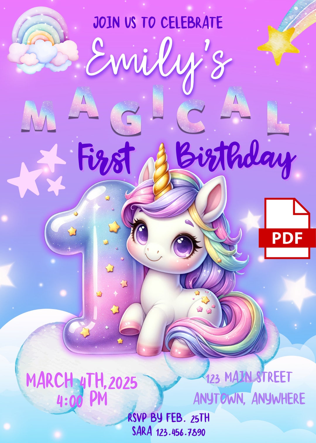 Magical Unicorn Birthday Invitation, 1st Unicorn Birthday,first ...