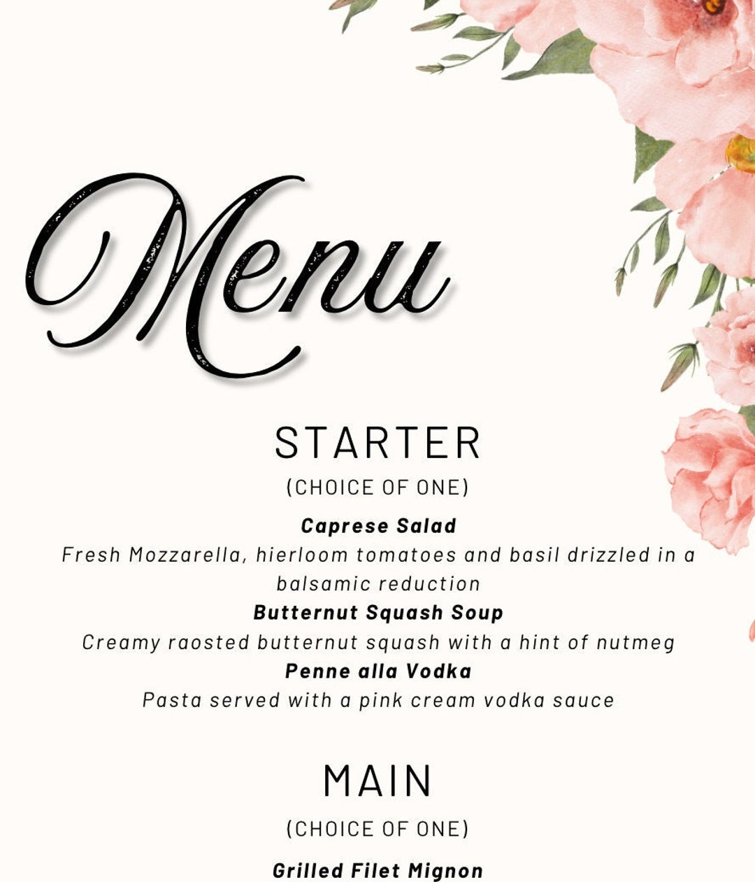 Custom Wedding Menu Card, Roses Wedding Menu,modern Floral Menu ...