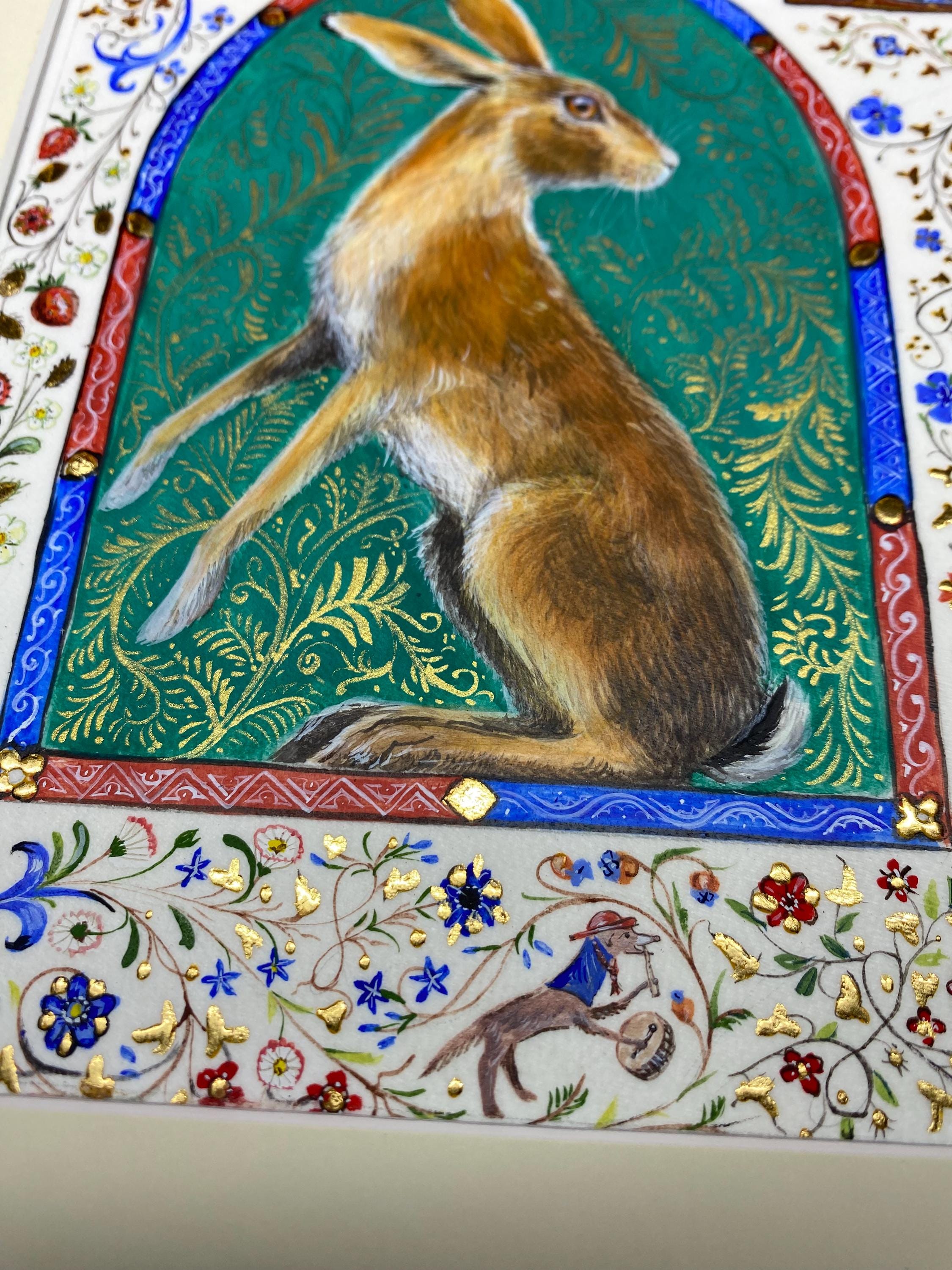 Hare Painting, Original Illuminated Manuscript Bestiary, Medieval Style ...