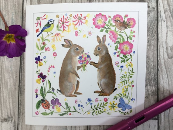 Bunny Bouquet card Bunnies Bunny rabbits flowers nature | Etsy