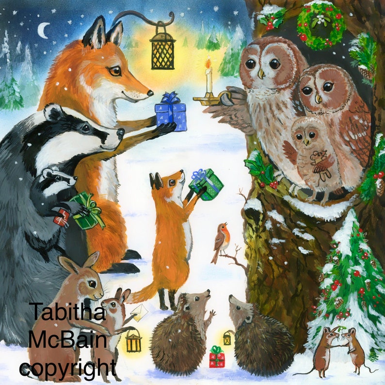 Visiting the Owl Family Christmas Card Tawny Owls Fox - Etsy