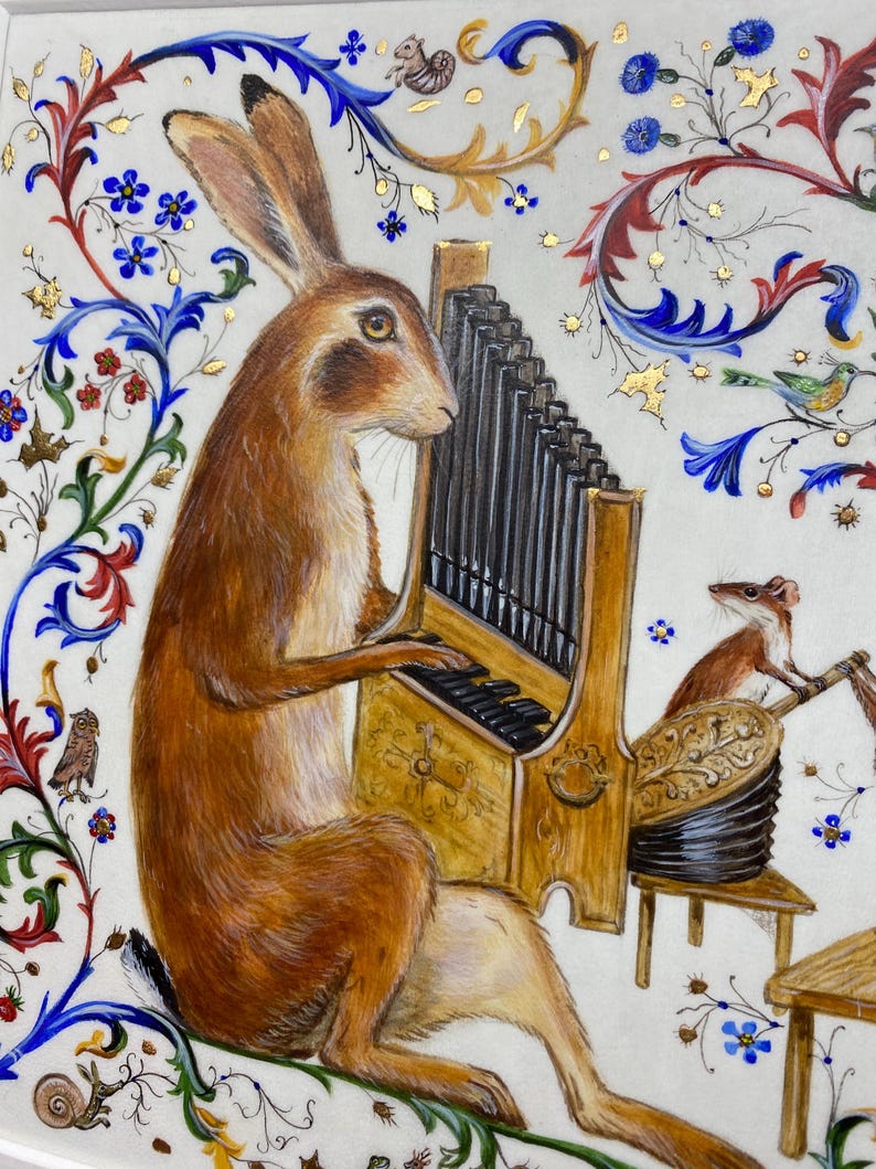 Hare Original Painting, Playing Portative Organ, Medieval Music ...