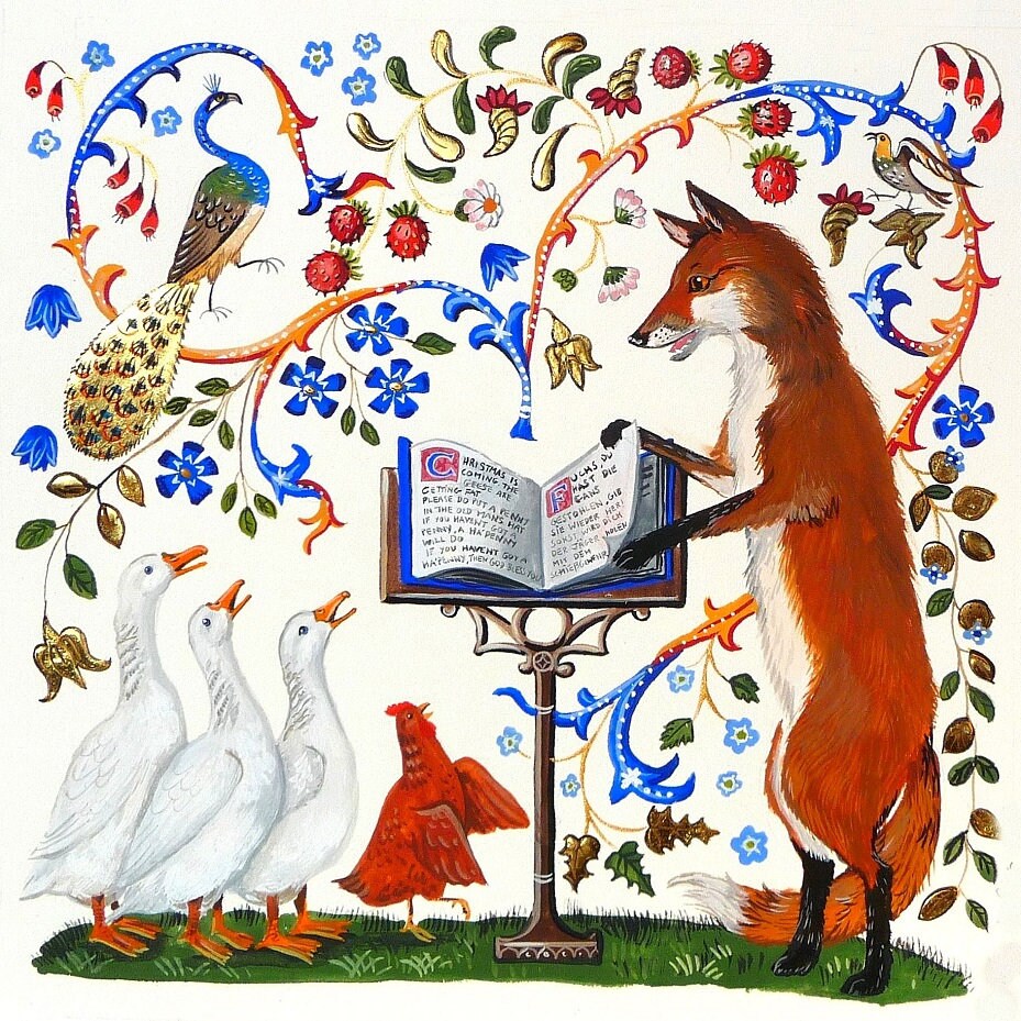 BLANK Version Goose Choir Christmas Card, Medieval German Style, Fox ...