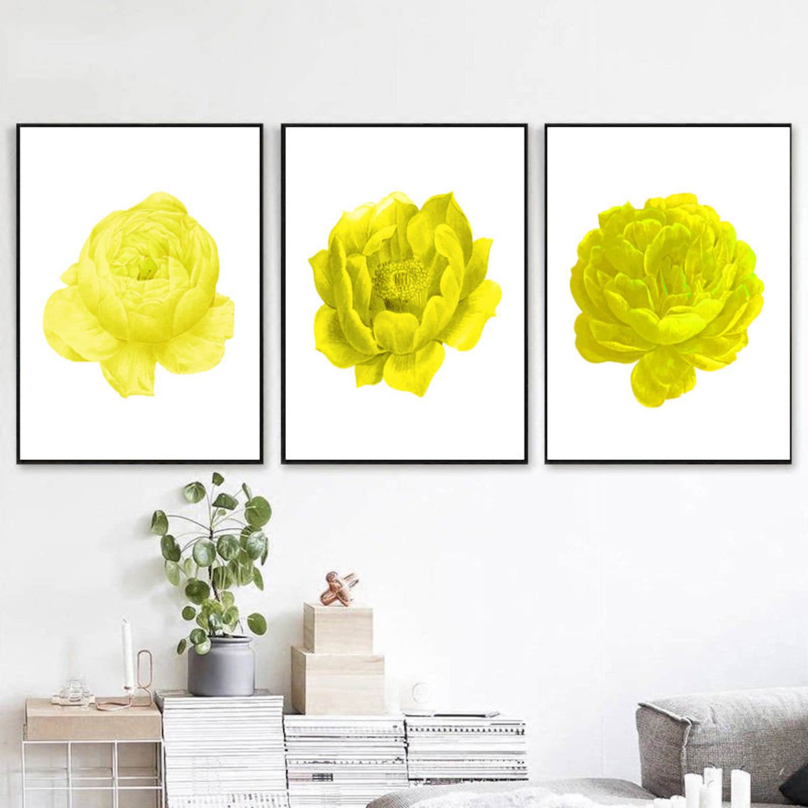 Set of 3 Prints, Yellow Wall Art, Yellow Flowers Print, Set of 3 Wall ...
