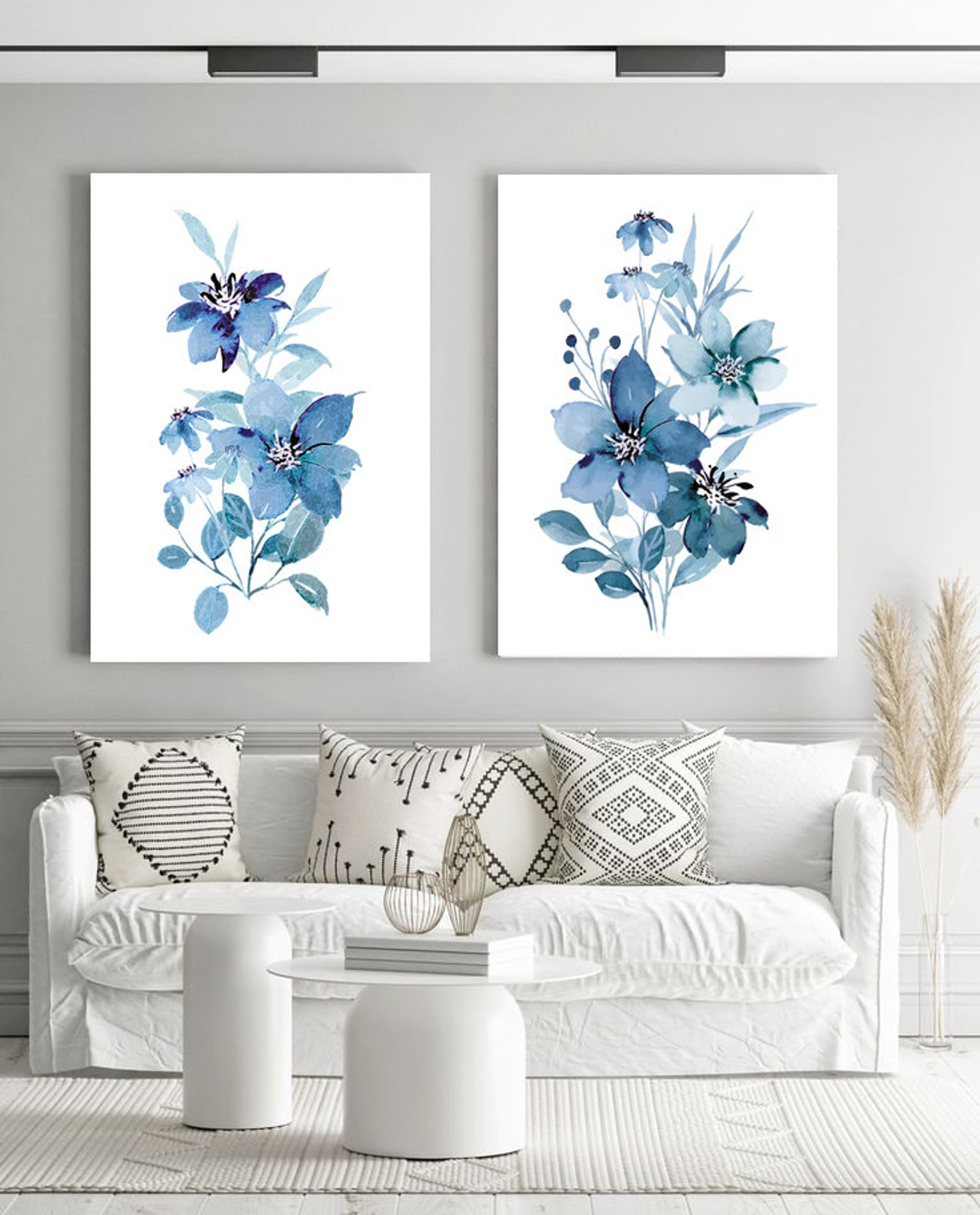 Set Of 2 Prints Blue Wall Art Blue Flowers Print Set Of 2 Wall Art