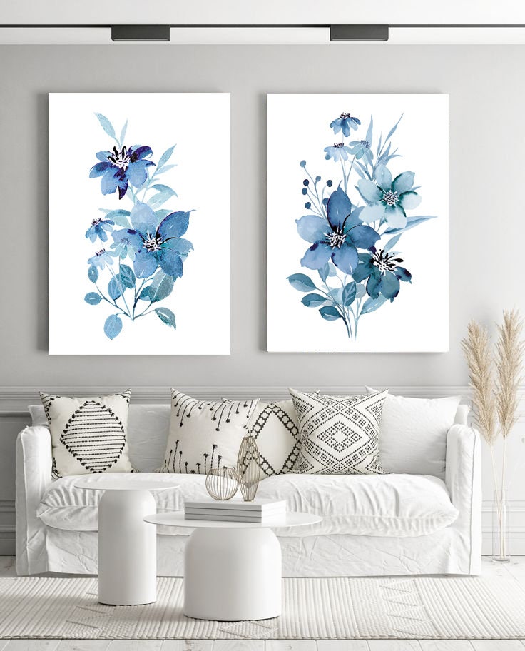 Set of 2 Prints, Blue Wall Art, Blue Flowers Print, Set of 2 Wall Art ...