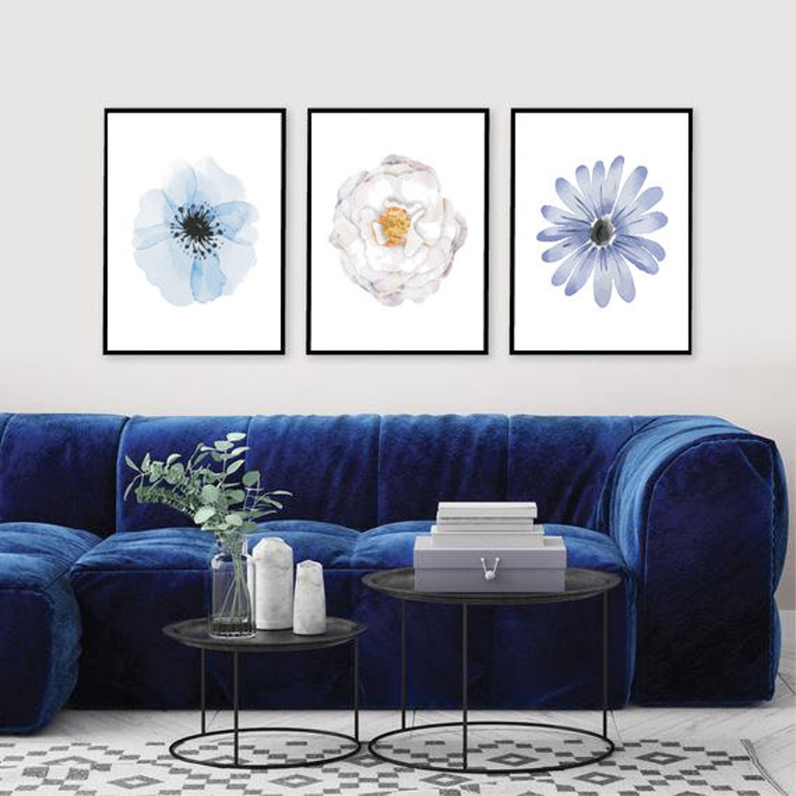 Set of 3 Prints, Blue Wall Art, Blue Flowers Print, Set of 3 Wall Art ...