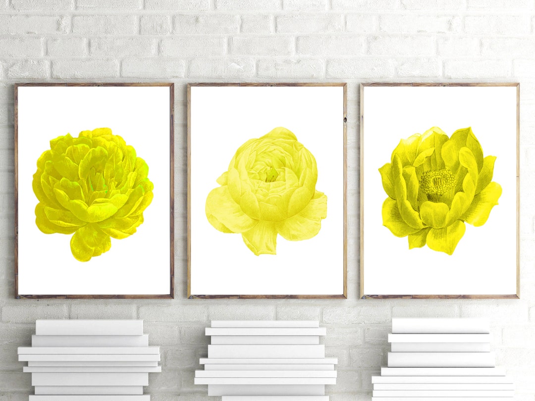 Set of 3 Prints, Yellow Wall Art, Yellow Flowers Print, Set of 3 Wall ...