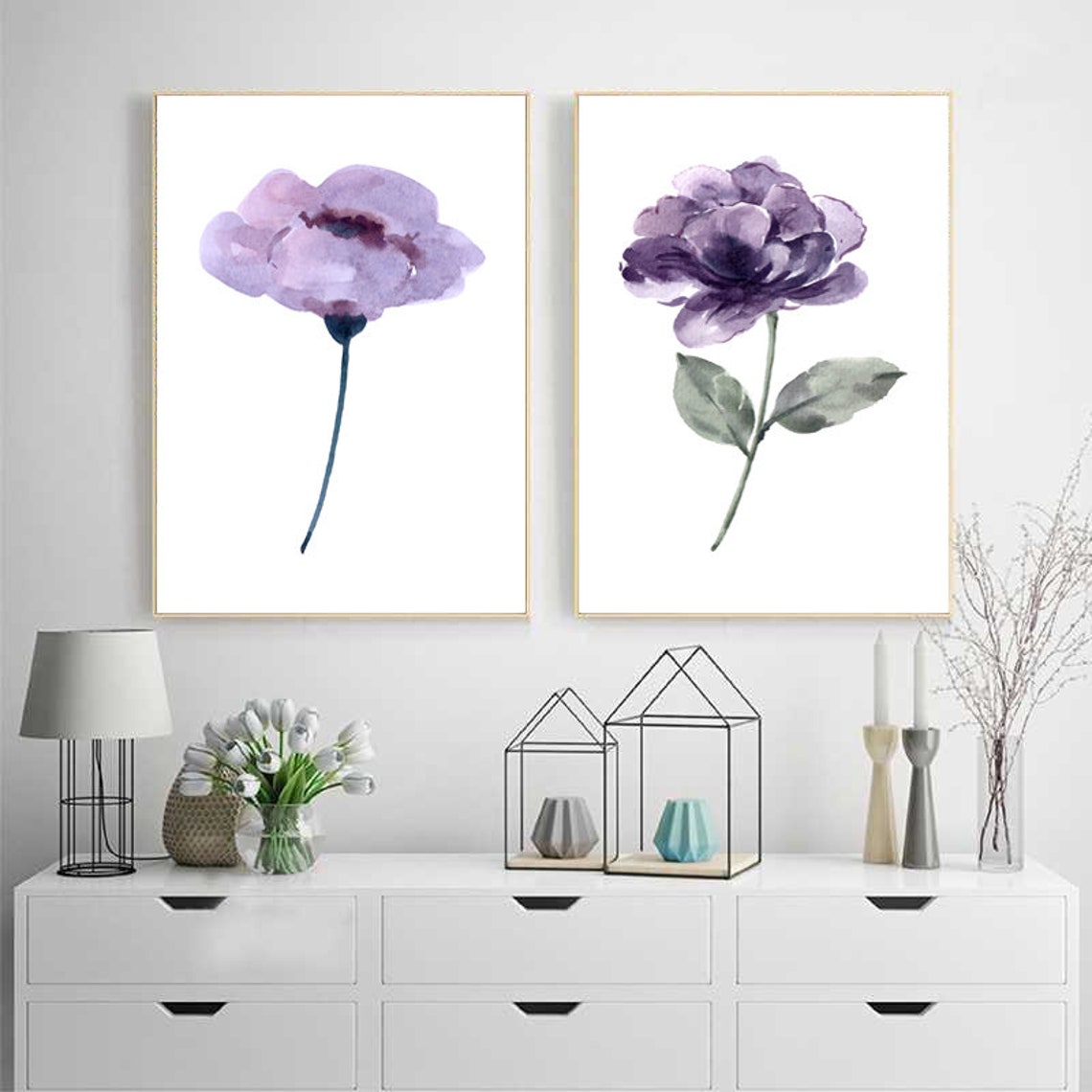 Set of 2 Prints, Purple Wall Art, Purple Flowers Print, Set of 2 Wall ...