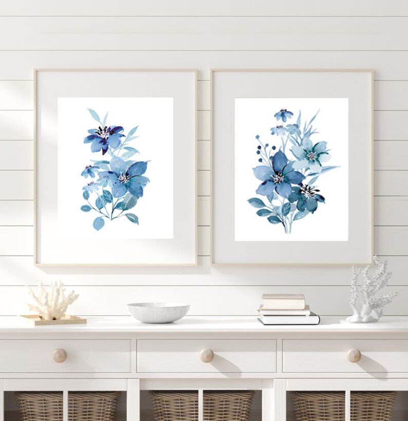 Set of 2 Prints, Blue Wall Art, Blue Flowers Print, Set of 2 Wall Art ...