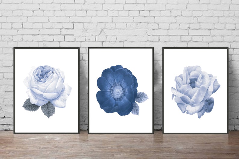 Set of 3 Prints Blue Wall Art Blue Flowers Print Set of 3 - Etsy
