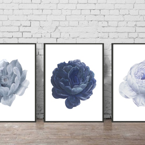 Botanical Print Set Of 3 Botanical Blue Flowers Wall Art Etsy