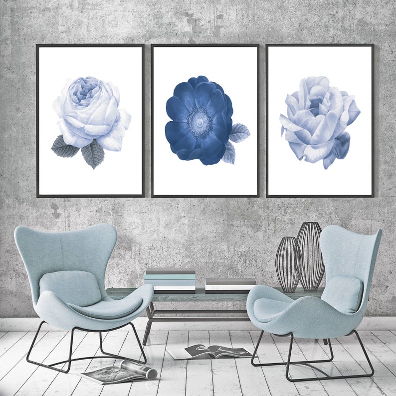 Set of 3 Prints Blue Wall Art Blue Flowers Print Set of 3 - Etsy