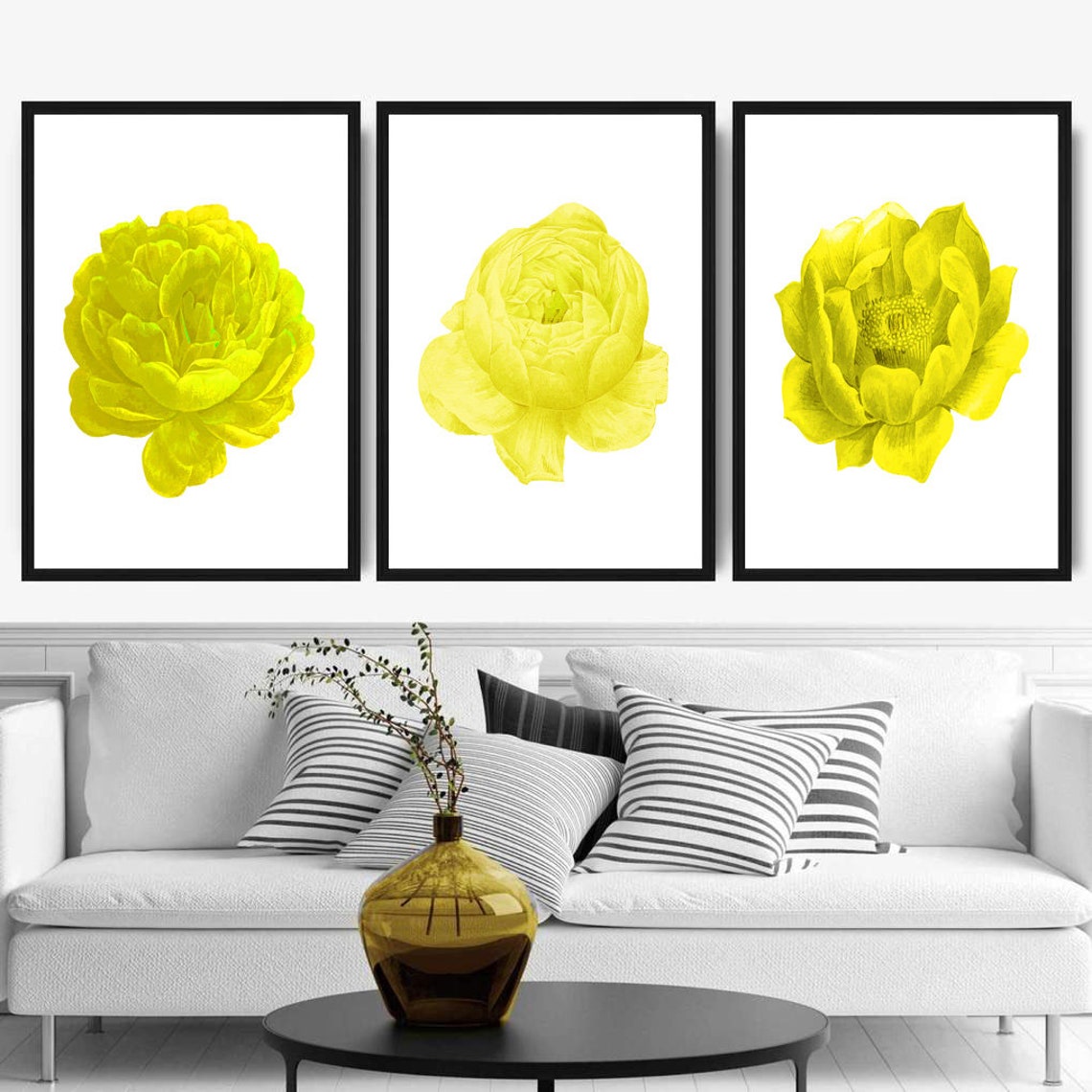 Set of 3 Prints, Yellow Wall Art, Yellow Flowers Print, Set of 3 Wall ...