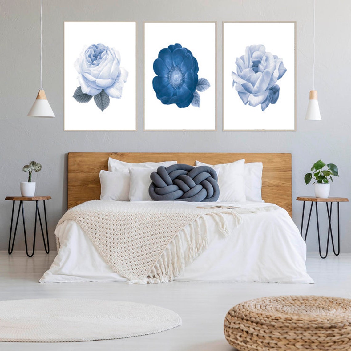 Set of 3 Prints Blue Wall Art Blue Flowers Print Set of 3 - Etsy