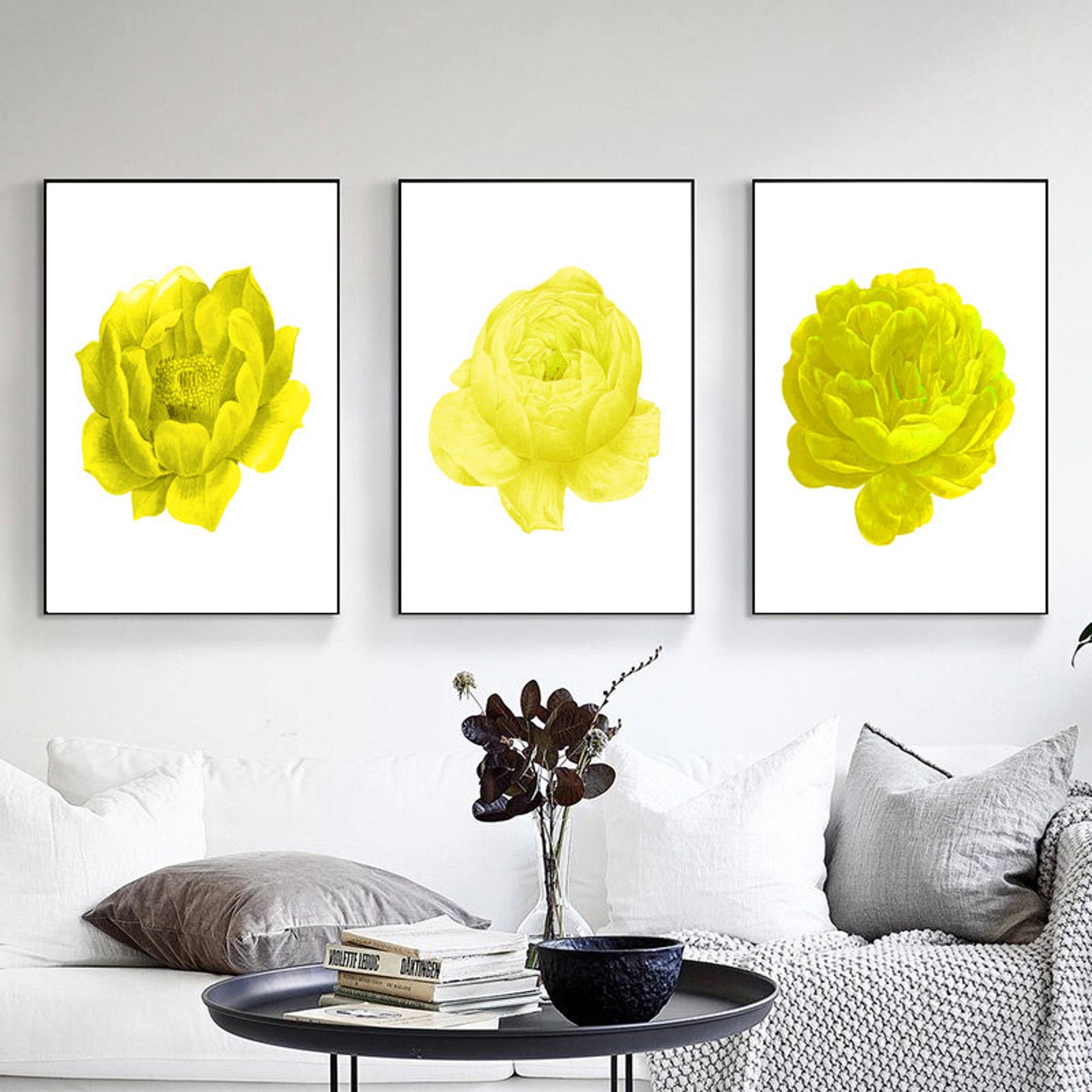 Set of 3 Prints, Yellow Wall Art, Yellow Flowers Print, Set of 3 Wall ...