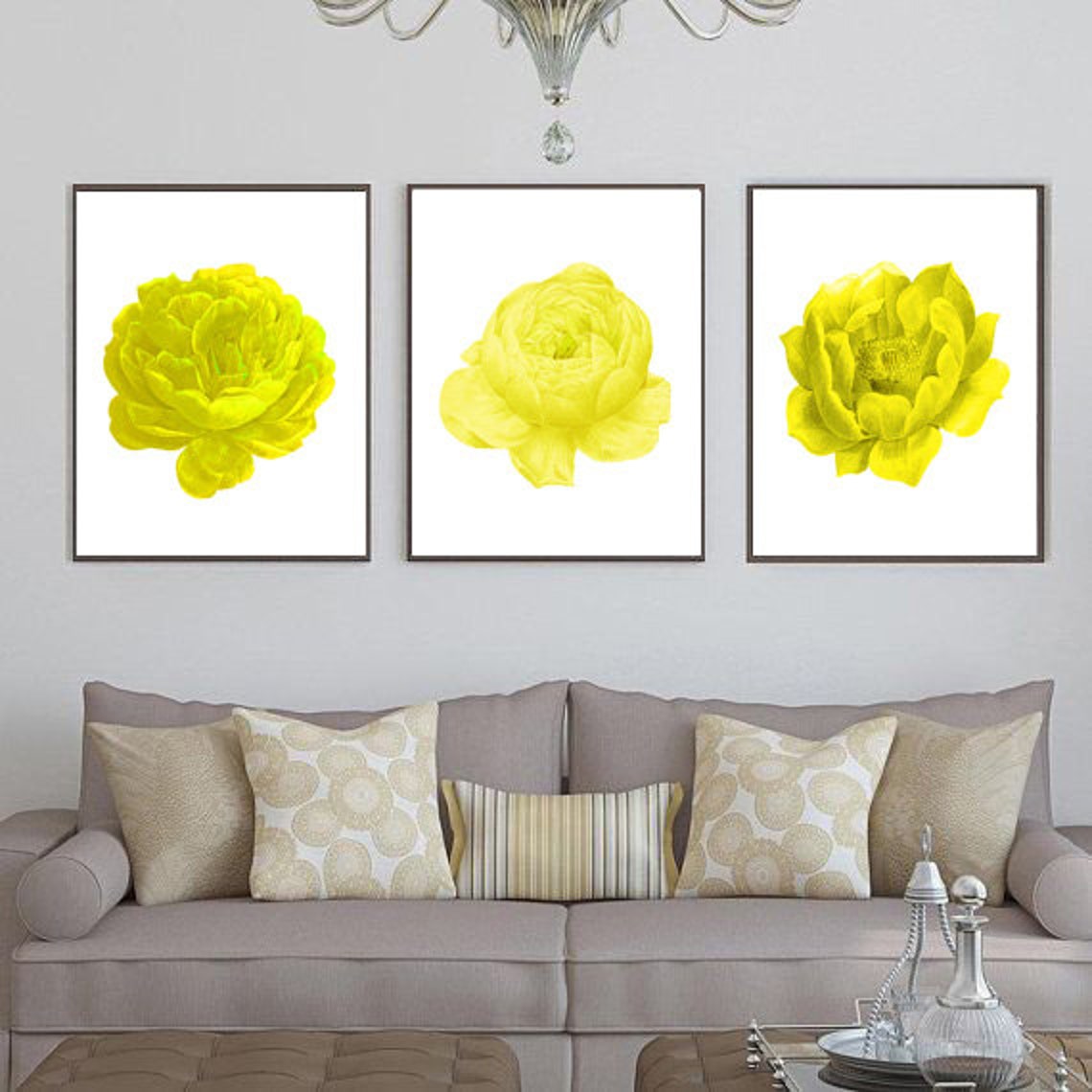 Set of 3 Prints, Yellow Wall Art, Yellow Flowers Print, Set of 3 Wall ...