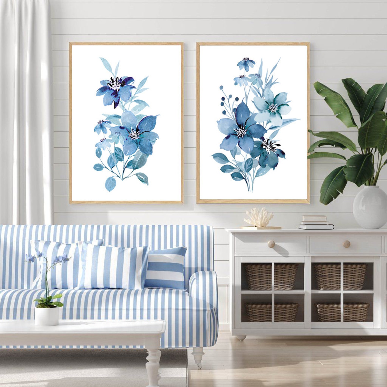 Set of 2 Prints, Blue Wall Art, Blue Flowers Print, Set of 2 Wall Art ...