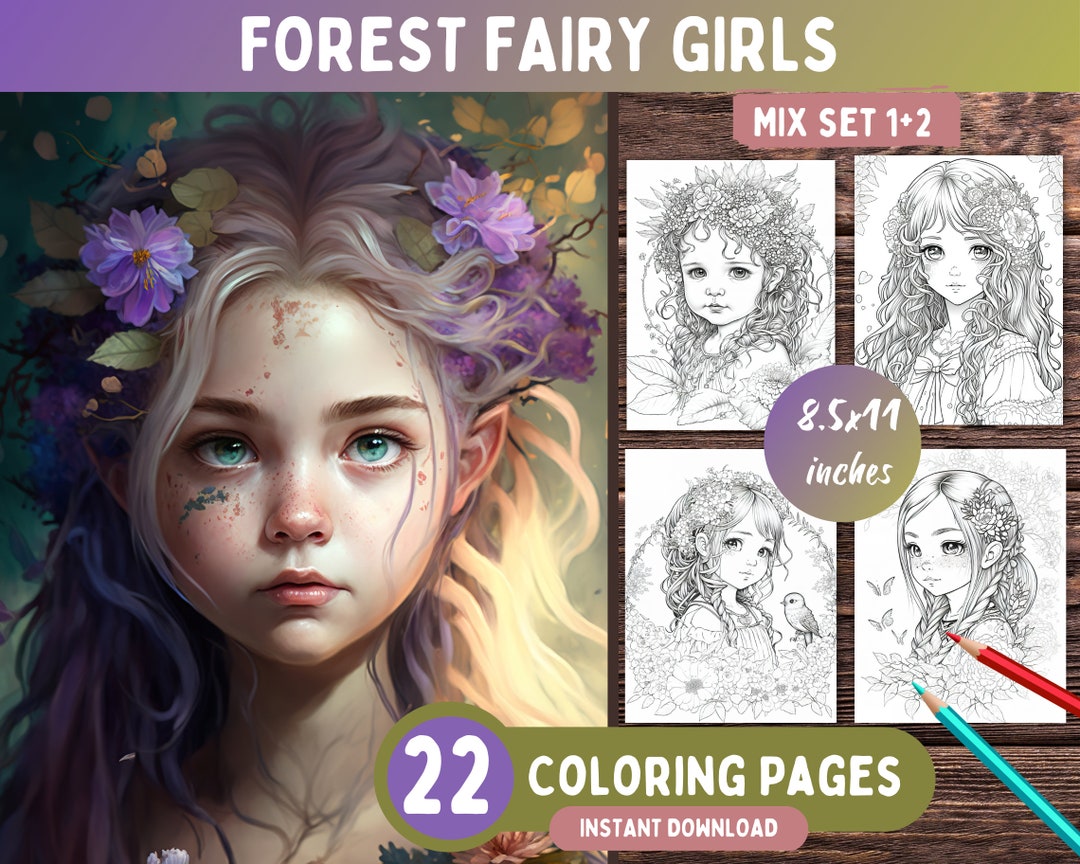 22 Forest Fairy Girl Coloring Pages SET 12,fantasy Fairy Coloring Book ...