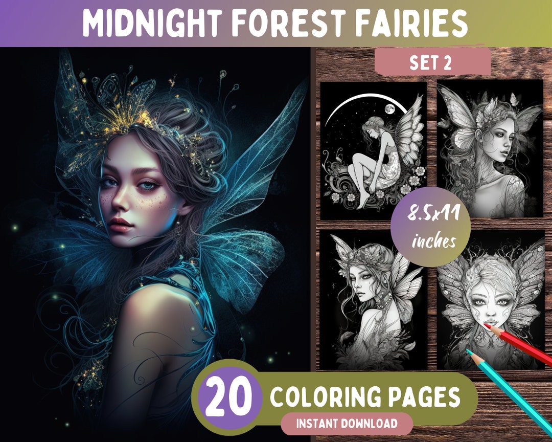 20 Midnight Forest Fairies Coloring Pages Set 2, Fantasy Fairy Coloring ...