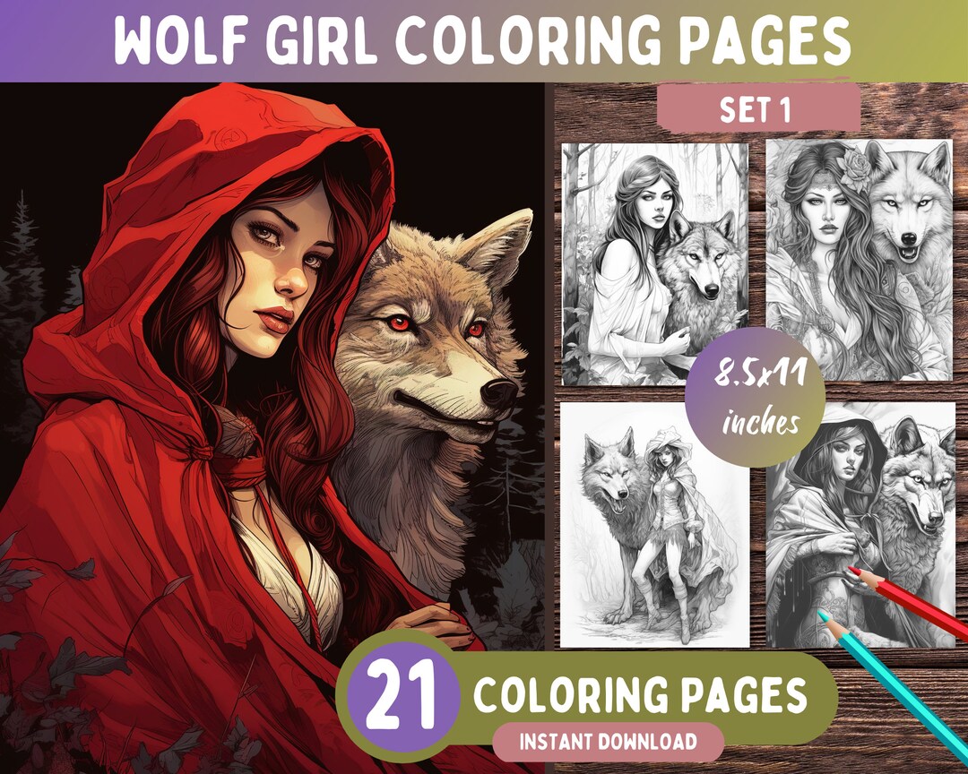 21 Wolf Girl Coloring Pages SET 1, Jungle Beauties Coloring Book for ...