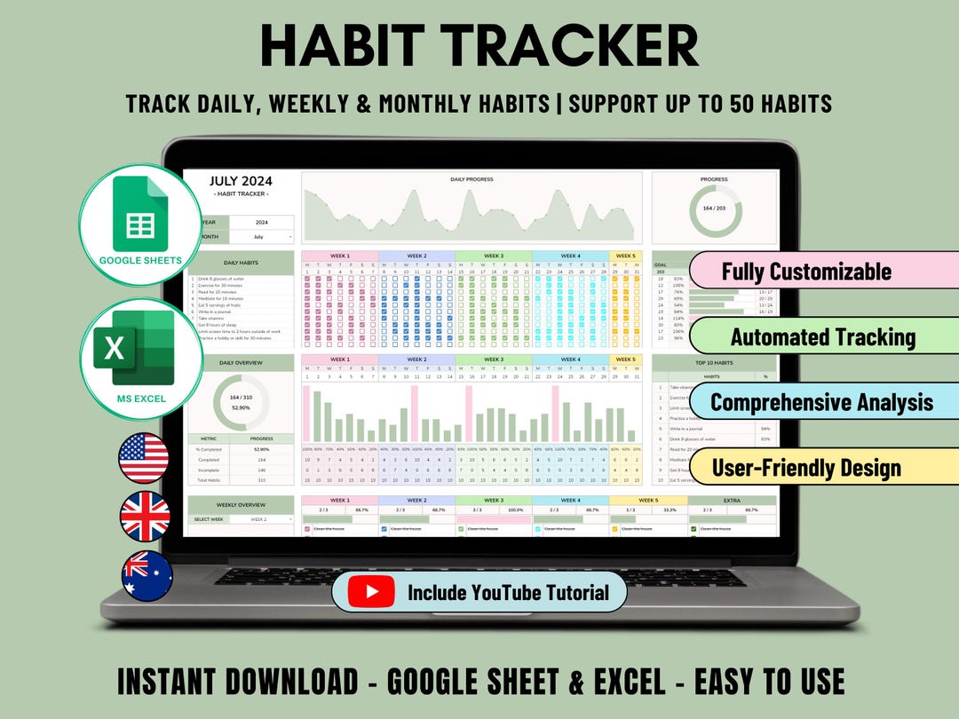 Habit Tracker Excel Template: Daily, Weekly, Monthly (digital Download ...