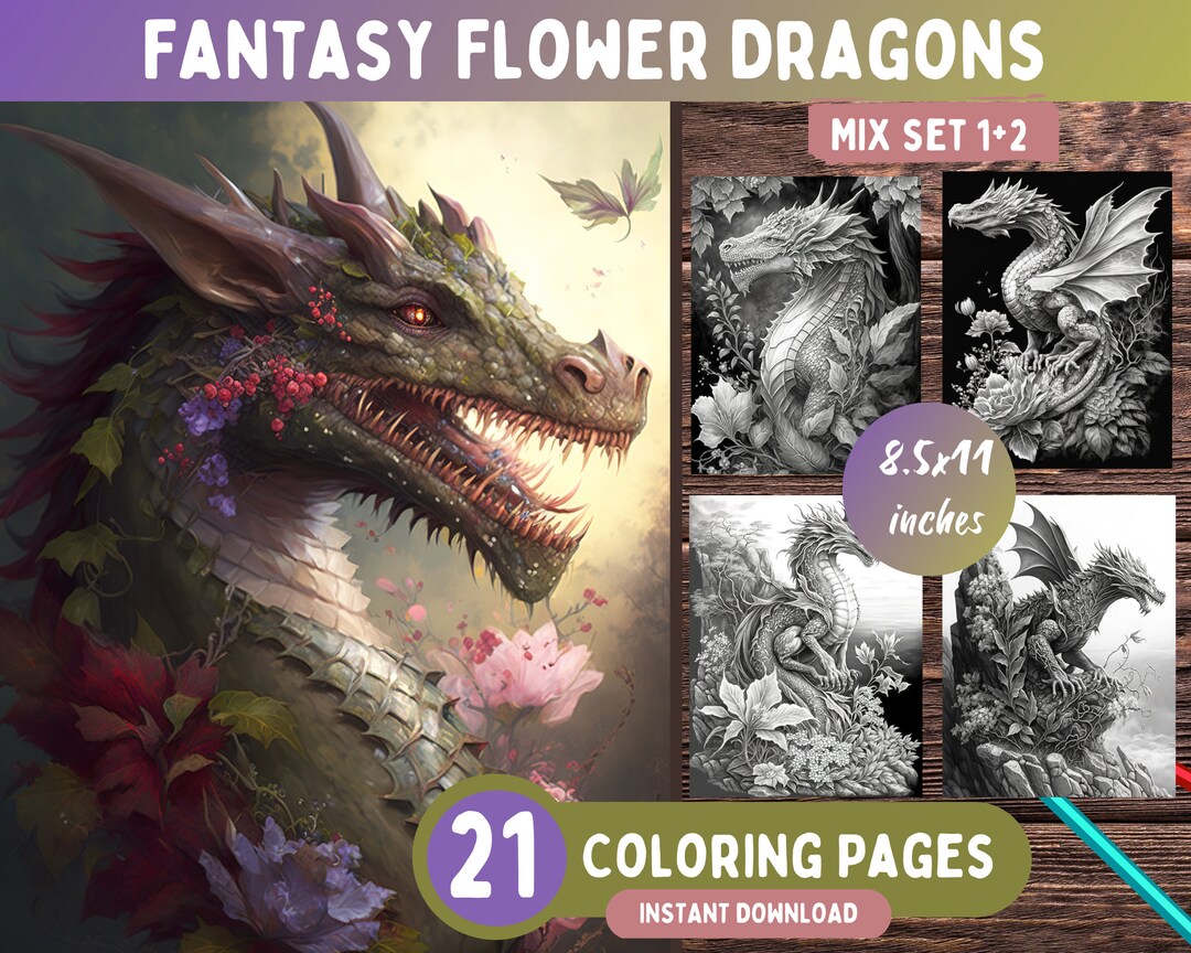 21 Fantasy Flower Dragon Coloring Pages Mix Set 1+2, Fantasy Coloring ...
