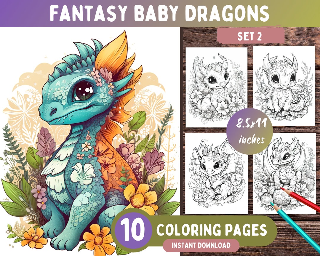 Fantasy Baby Dragon Coloring Pages: Set 2 (PDF Printable) - Etsy