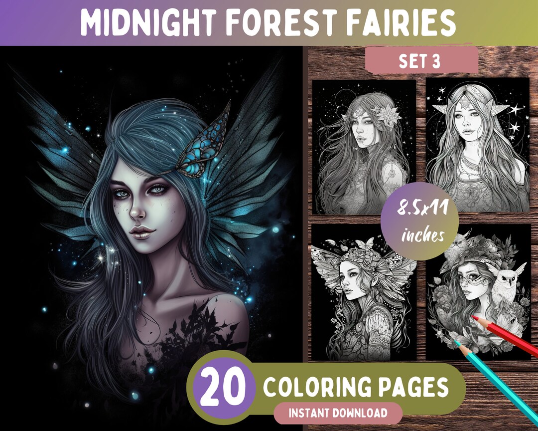 20 Midnight Forest Fairies Coloring Pages Set 3, Fantasy Fairy Coloring ...