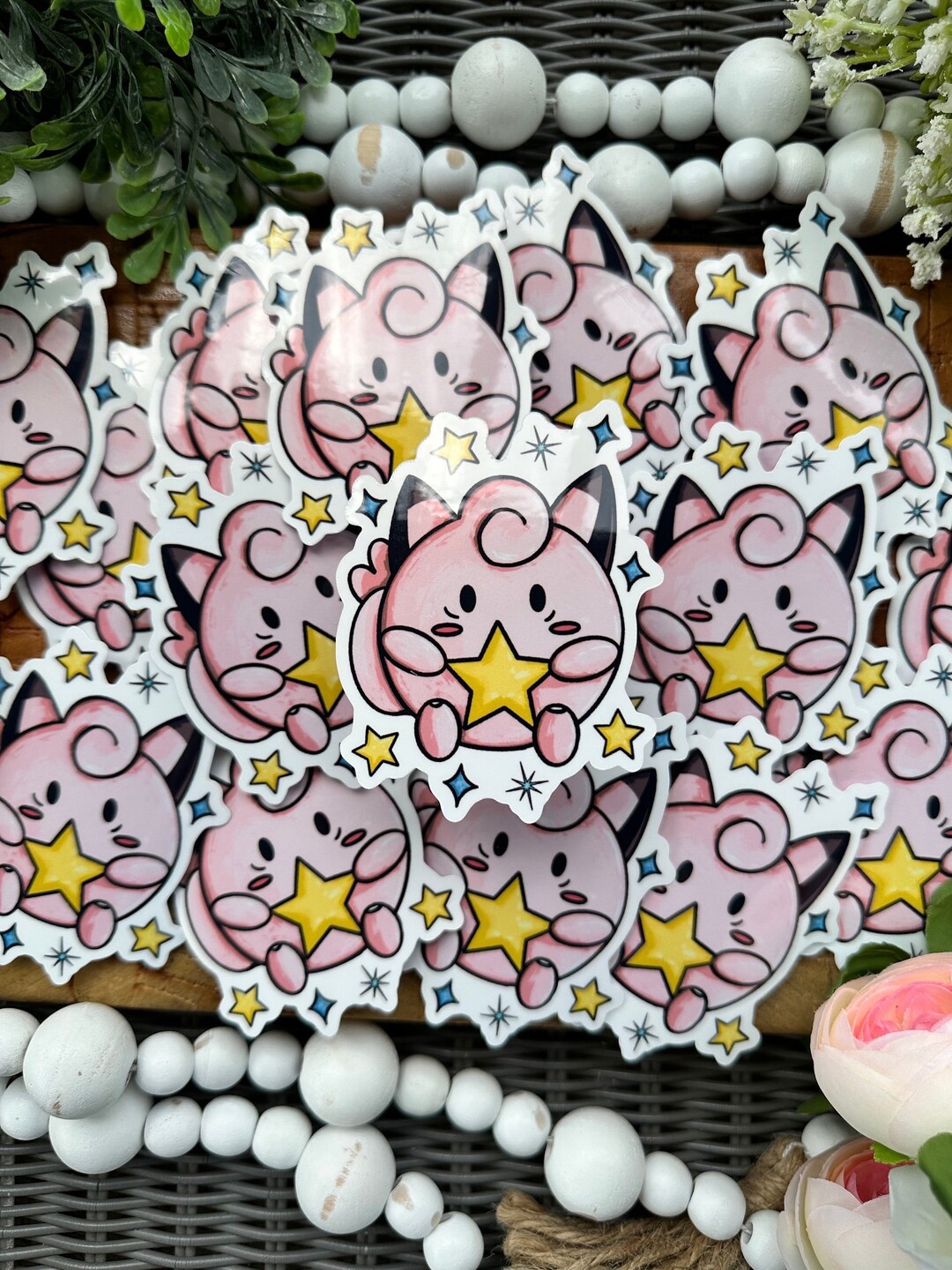 Fun Clefairy Themed Sticker Holding a Star, Pokemon Vinyl Sticker, Cute ...
