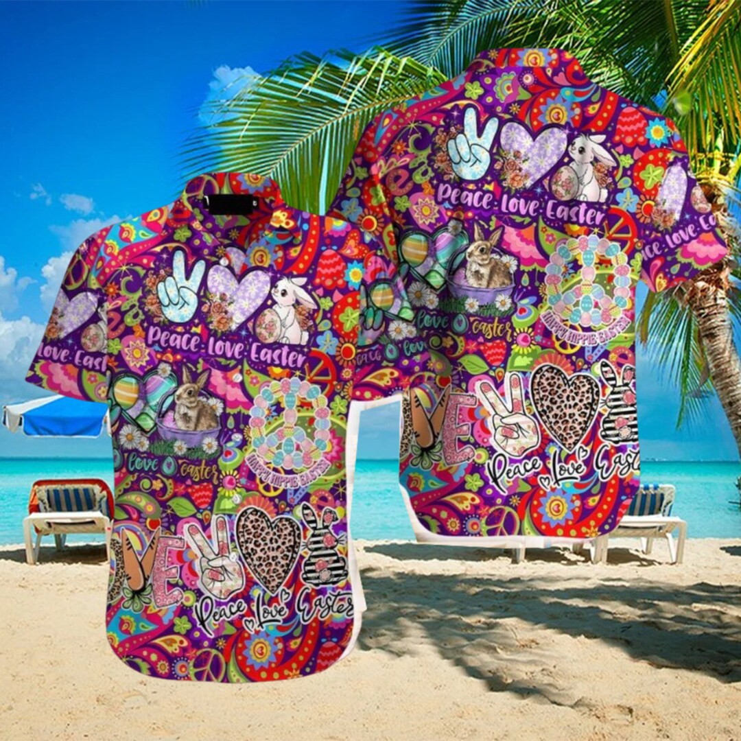 Hippie Peace Bunny Love Easter Day Hawaiian Shirt, Aloha Casual Shirt ...