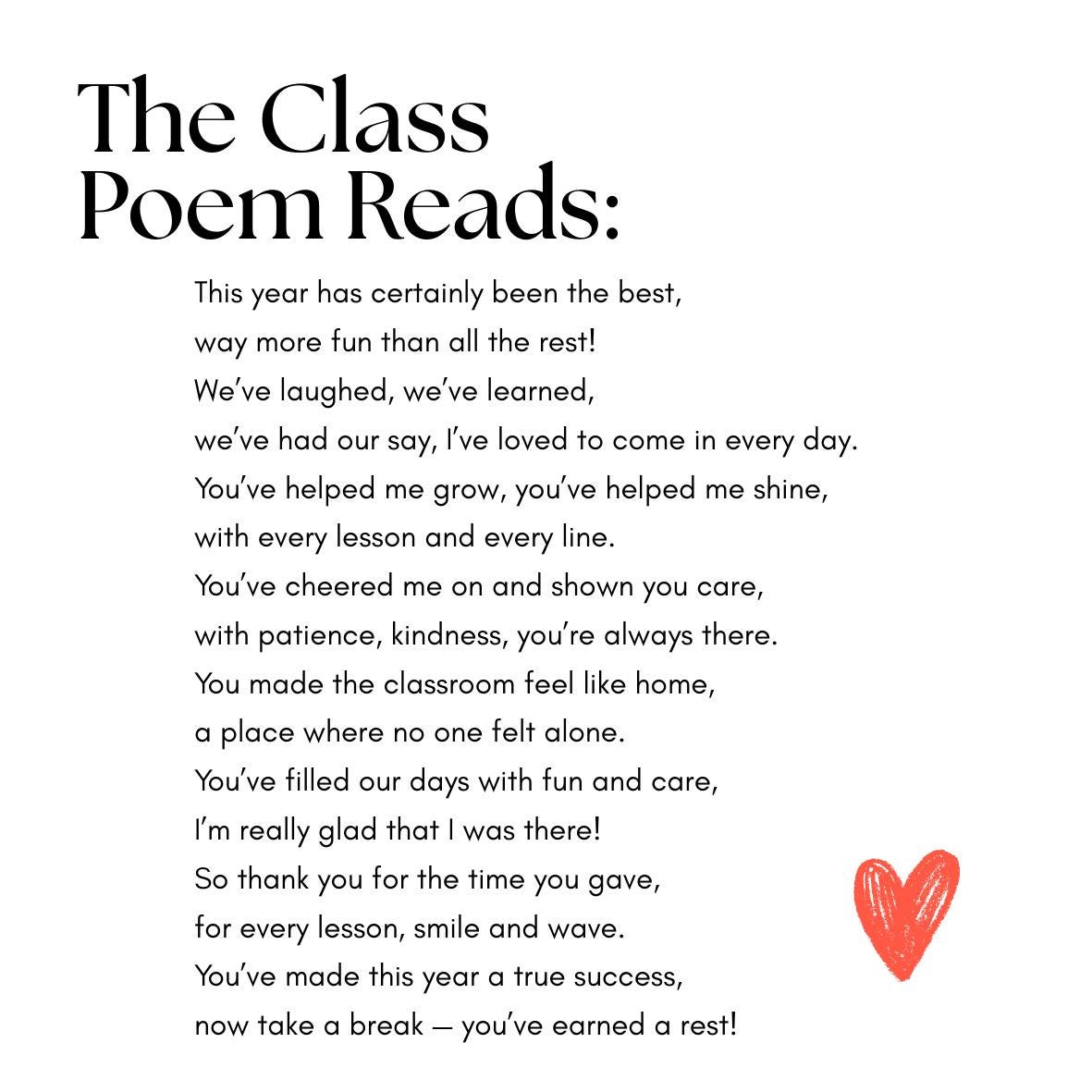 Personalised Teacher Thank You Card – Class Poem, End of Term Gift - Etsy