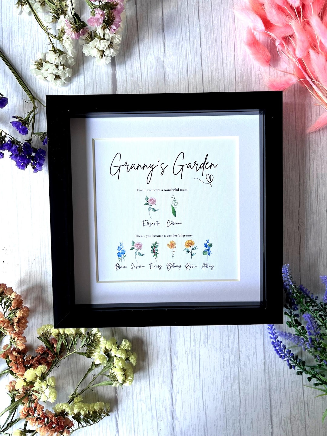 Personalised Birth Flower Family Tree Print – Grandma's Garden Framed ...