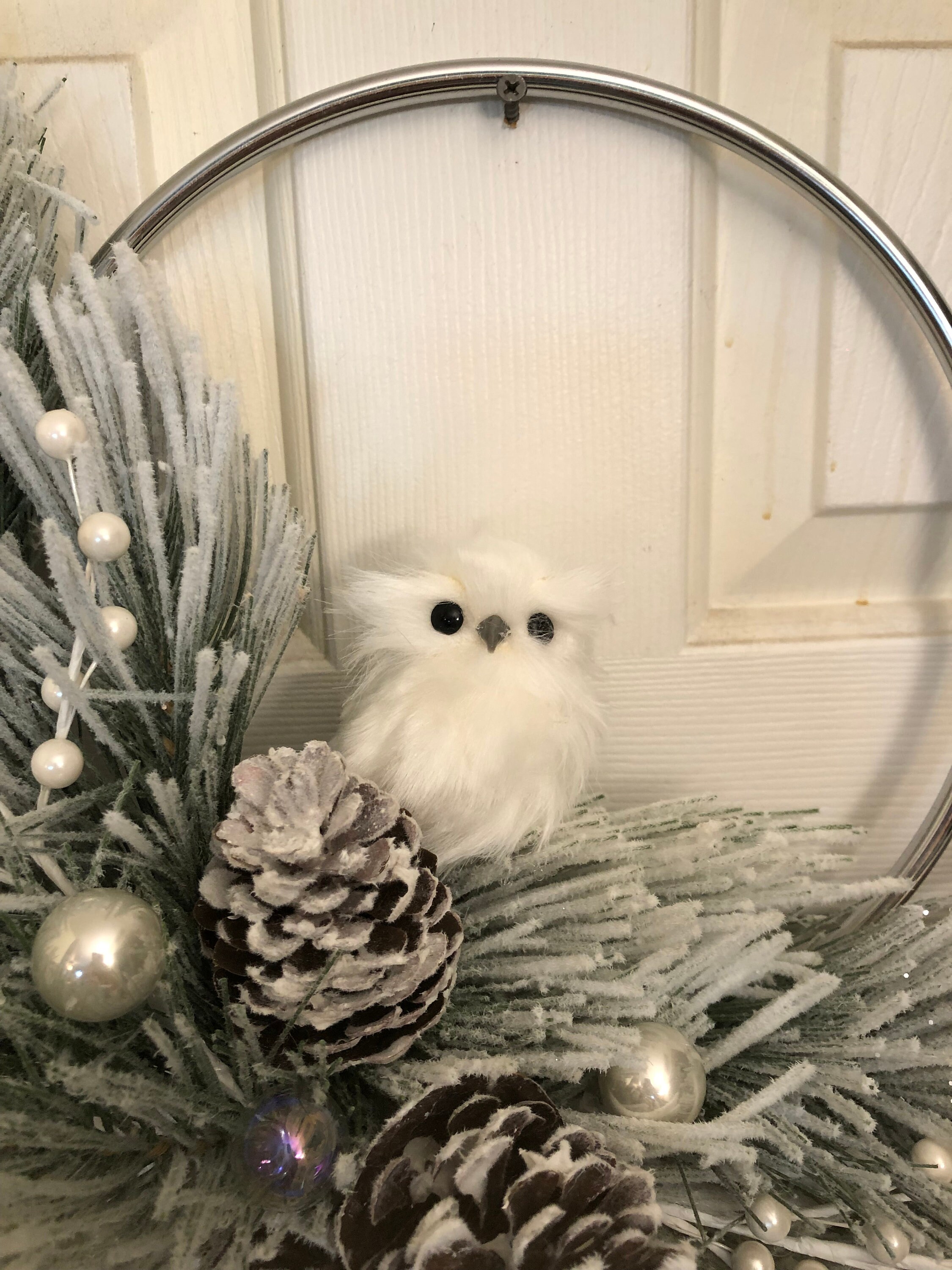 Silver French Horn Door Hanger: Flocked Pine, Pinecones & White Bird - Etsy