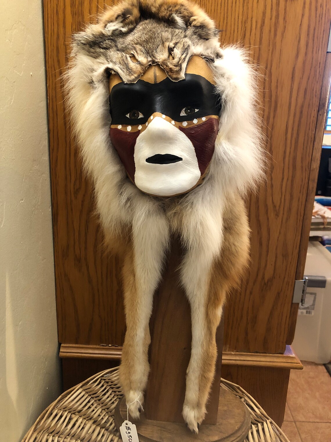Native American Style, Large Leather Covered Face Mold Mounted on Wood ...