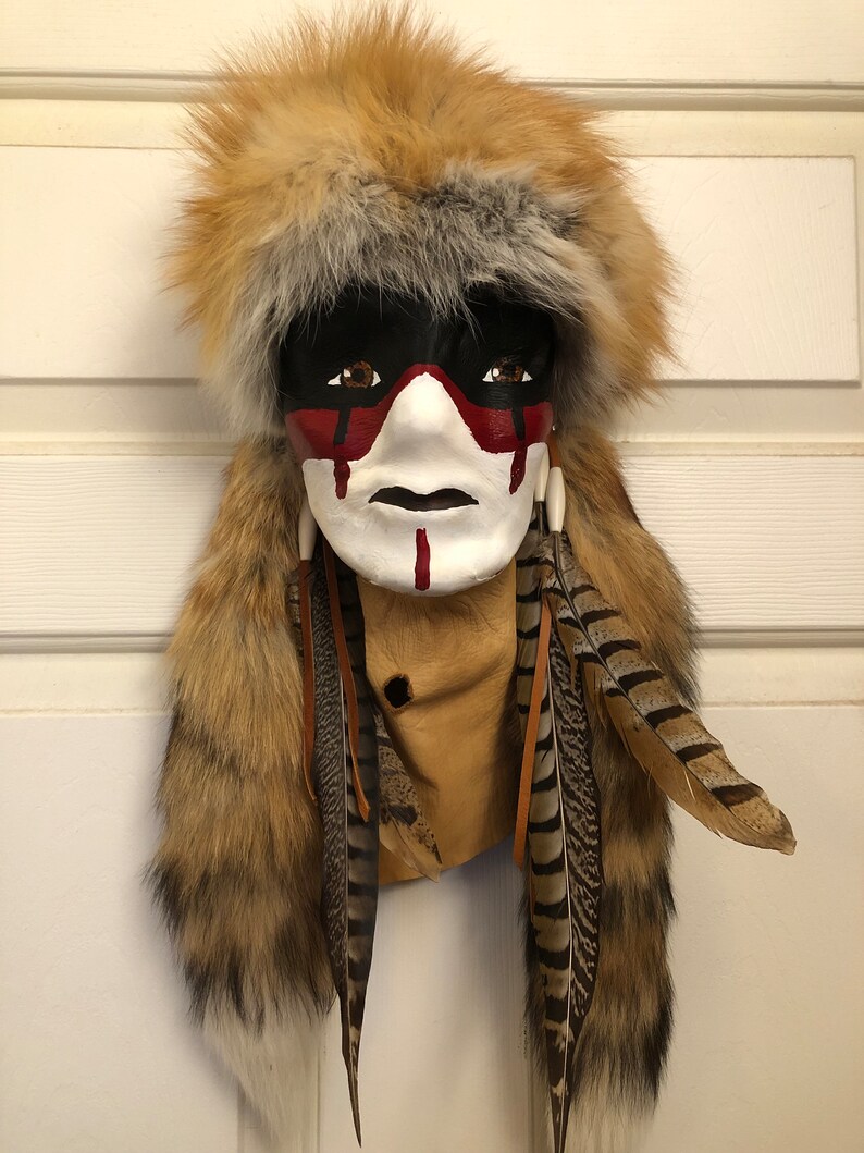 Native American Style Leather Face Mask, Fur, Feathers, Beads, Handmade ...