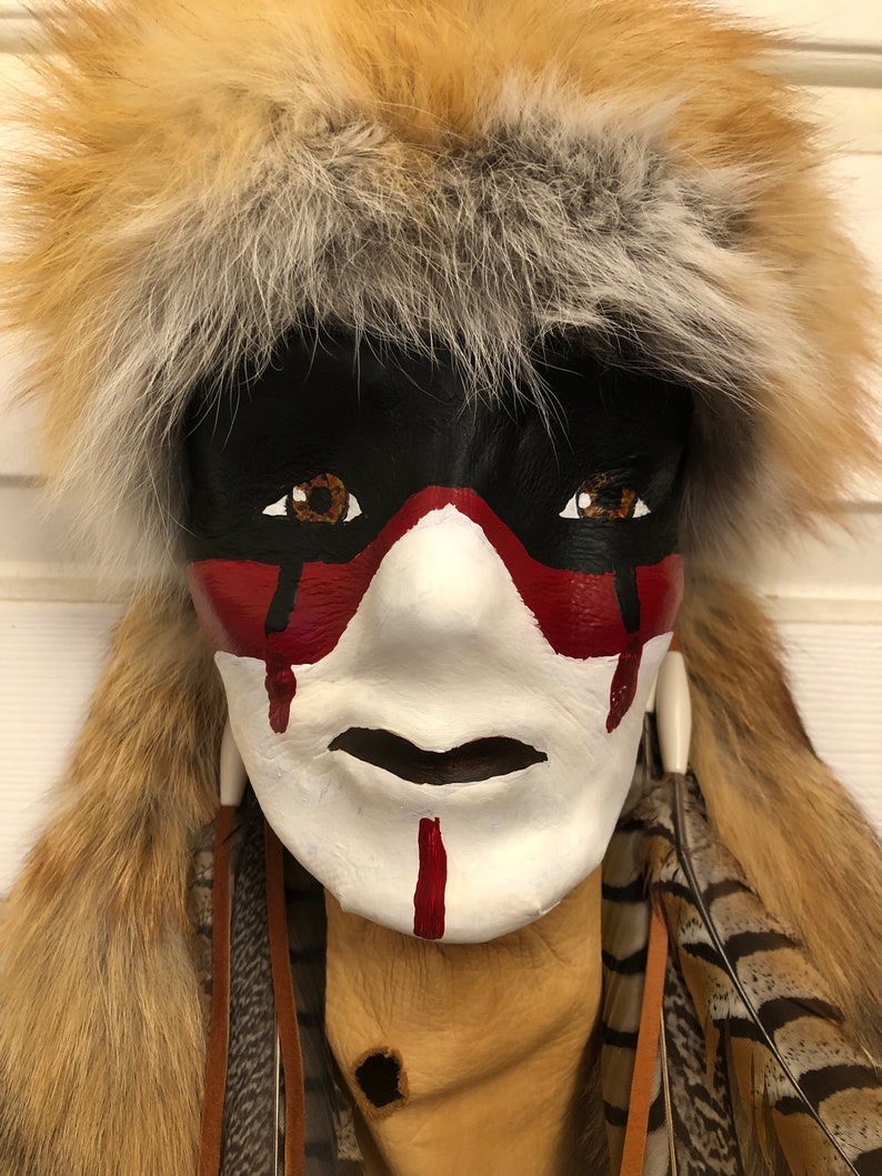 Native American Style Leather Face Mask, Fur, Feathers, Beads, Handmade ...