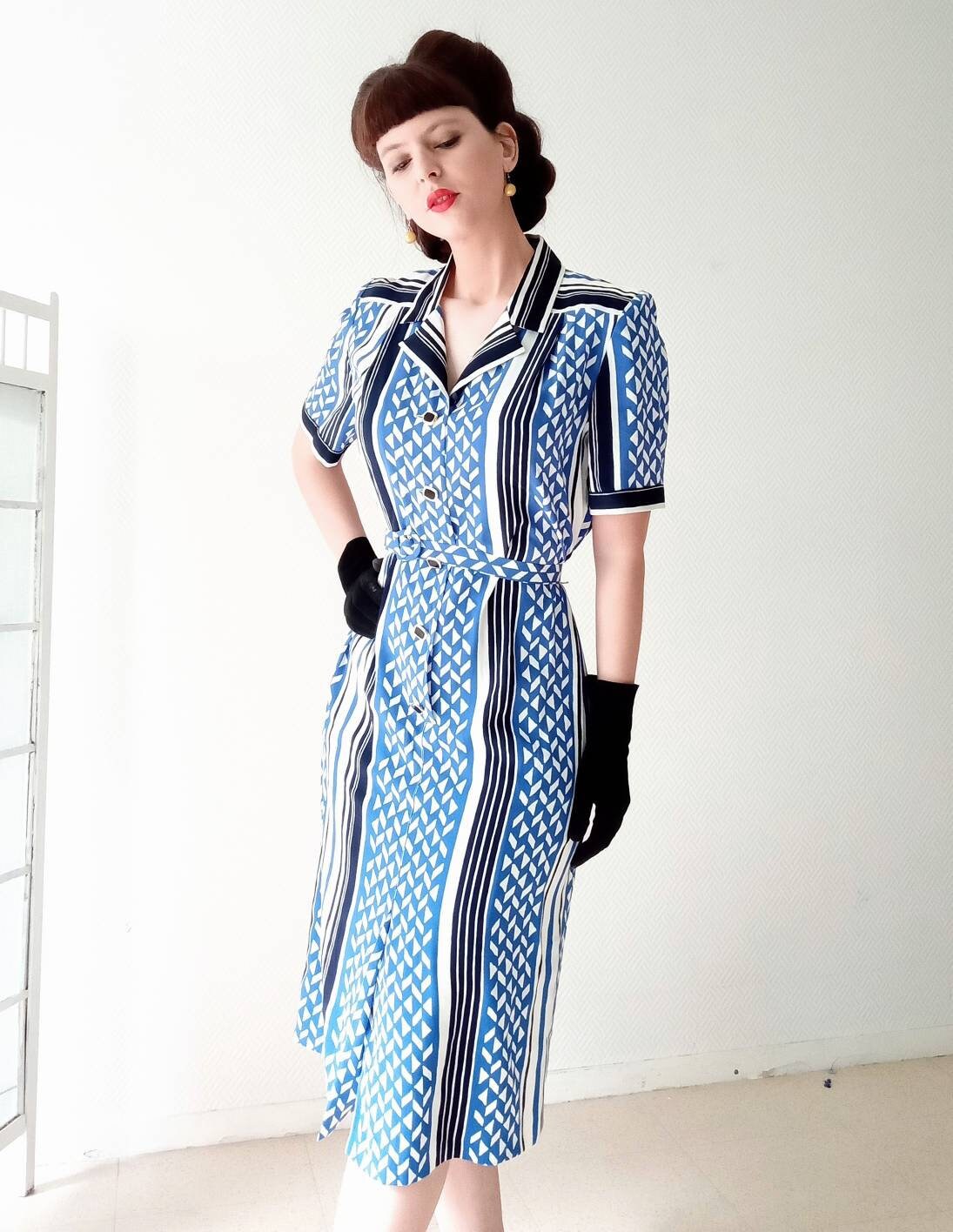 40s striped and geometric printed dress Marcelle Griffon //1940s stripe ...
