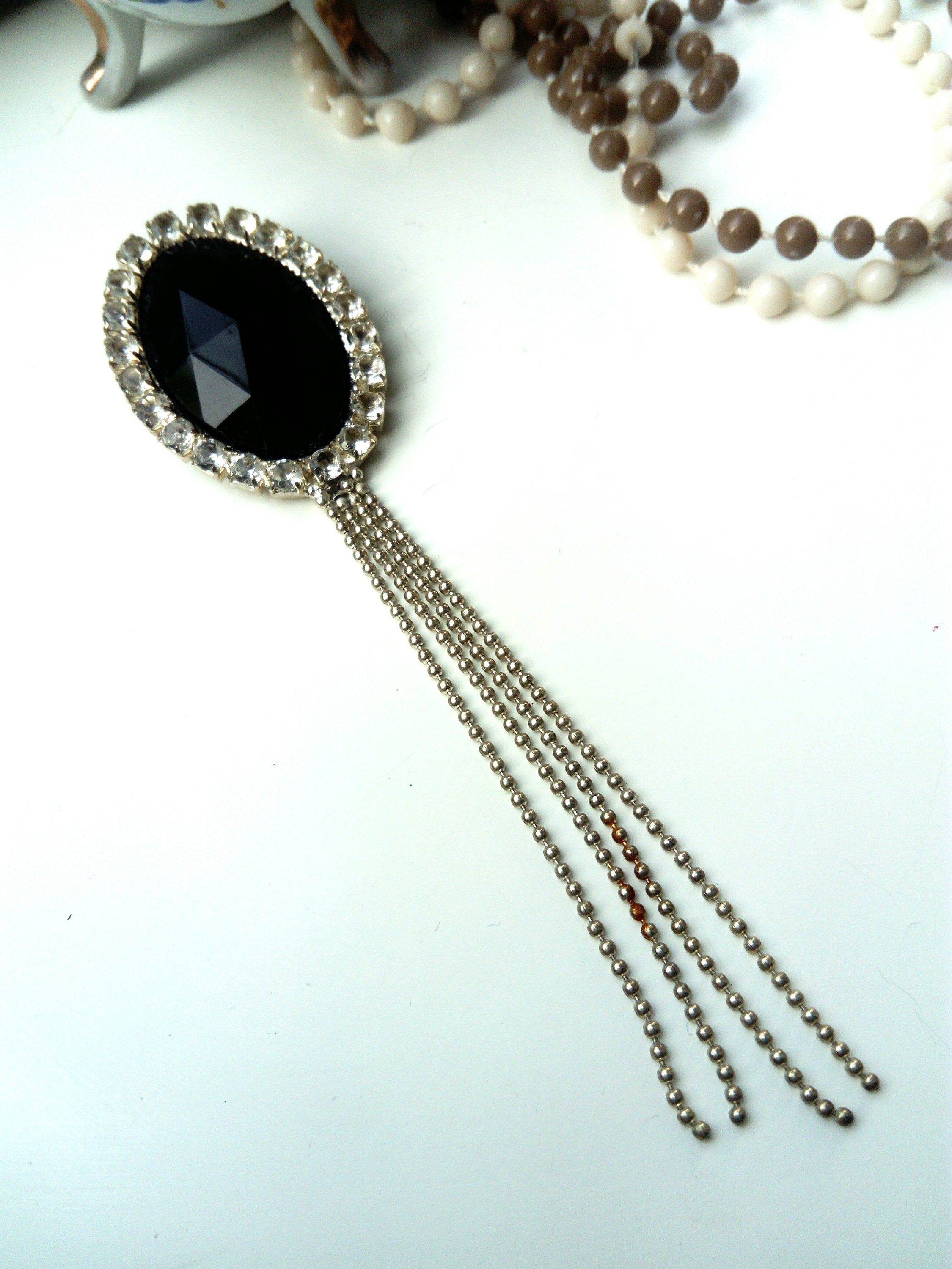 black brooch and rhinestones hanging 80s /1980's dangling black and ...