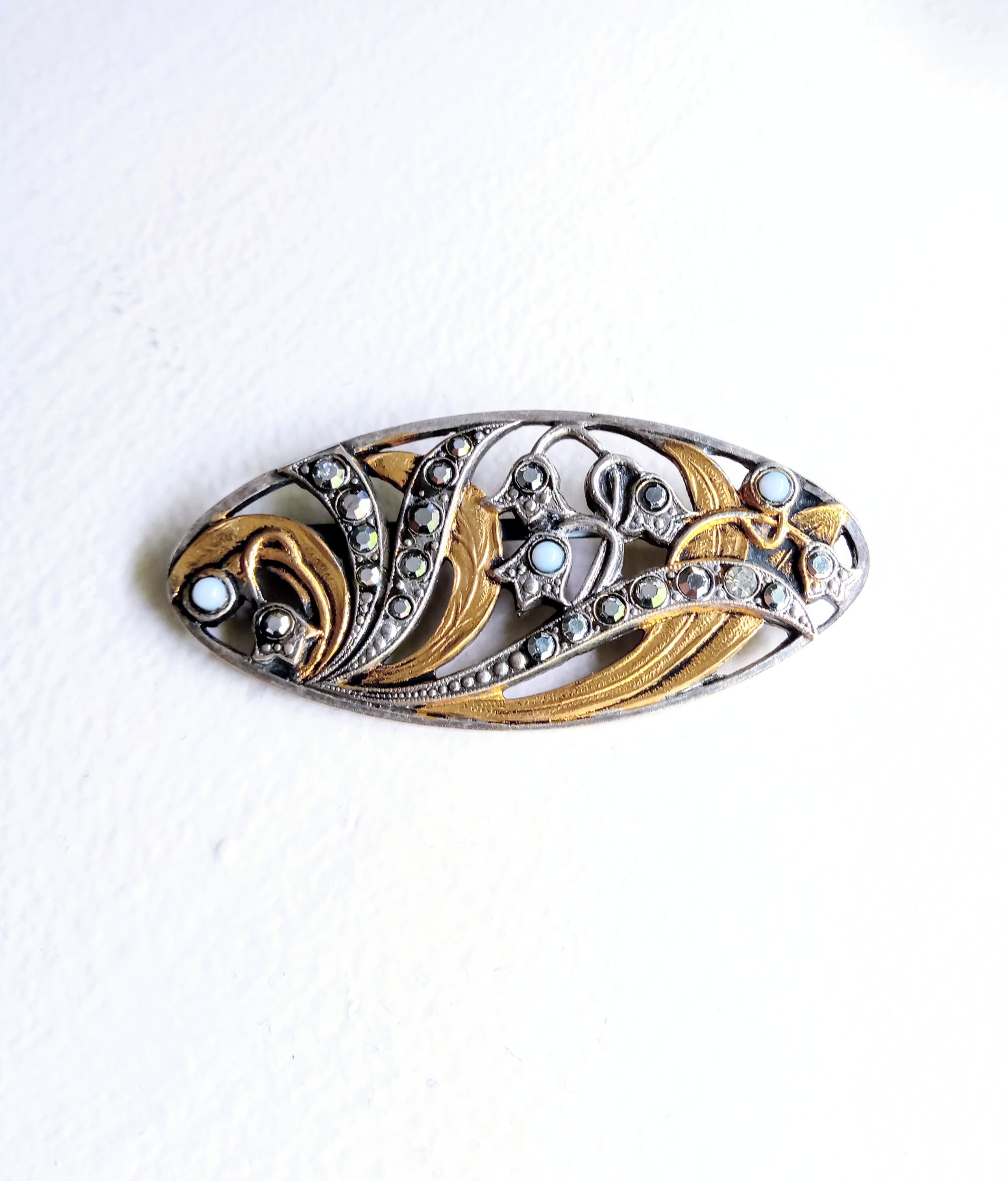 Broche ancienne début XXème siècle art nouveau marquise strass fleurs ...