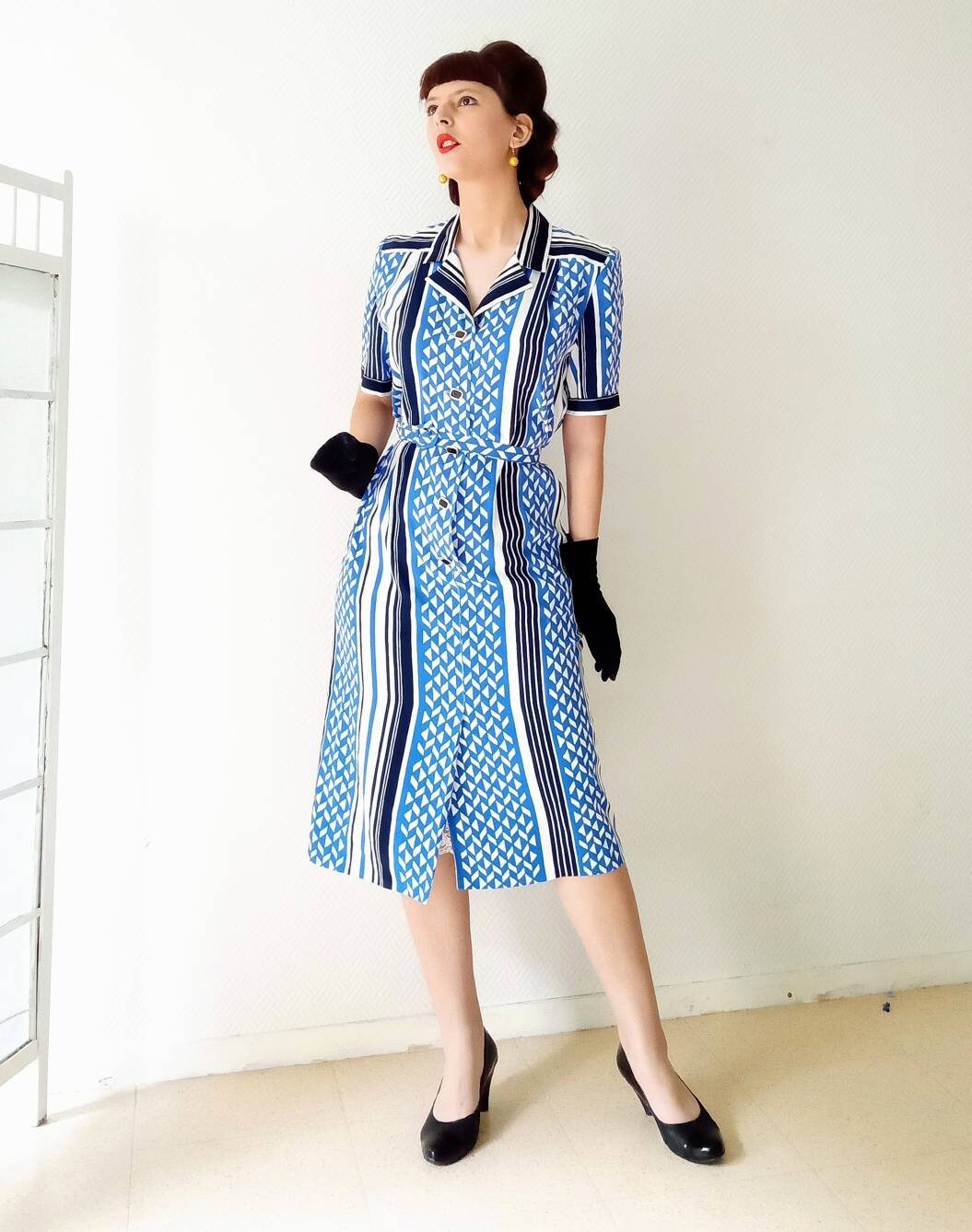 40s striped and geometric printed dress Marcelle Griffon //1940s stripe ...