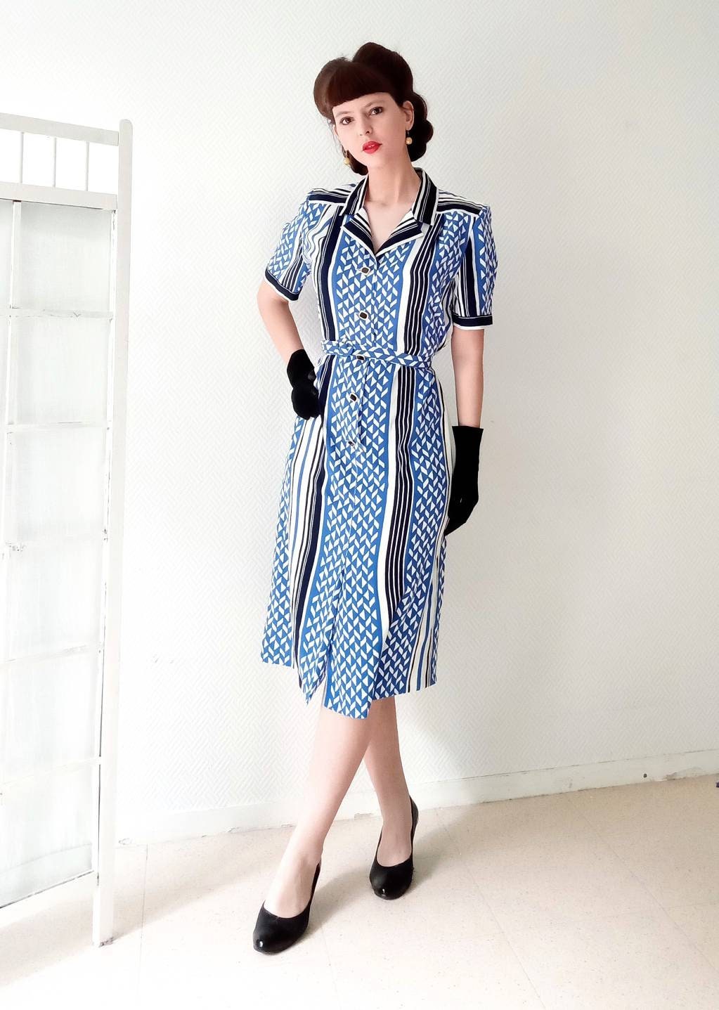 40s striped and geometric printed dress Marcelle Griffon //1940s stripe ...